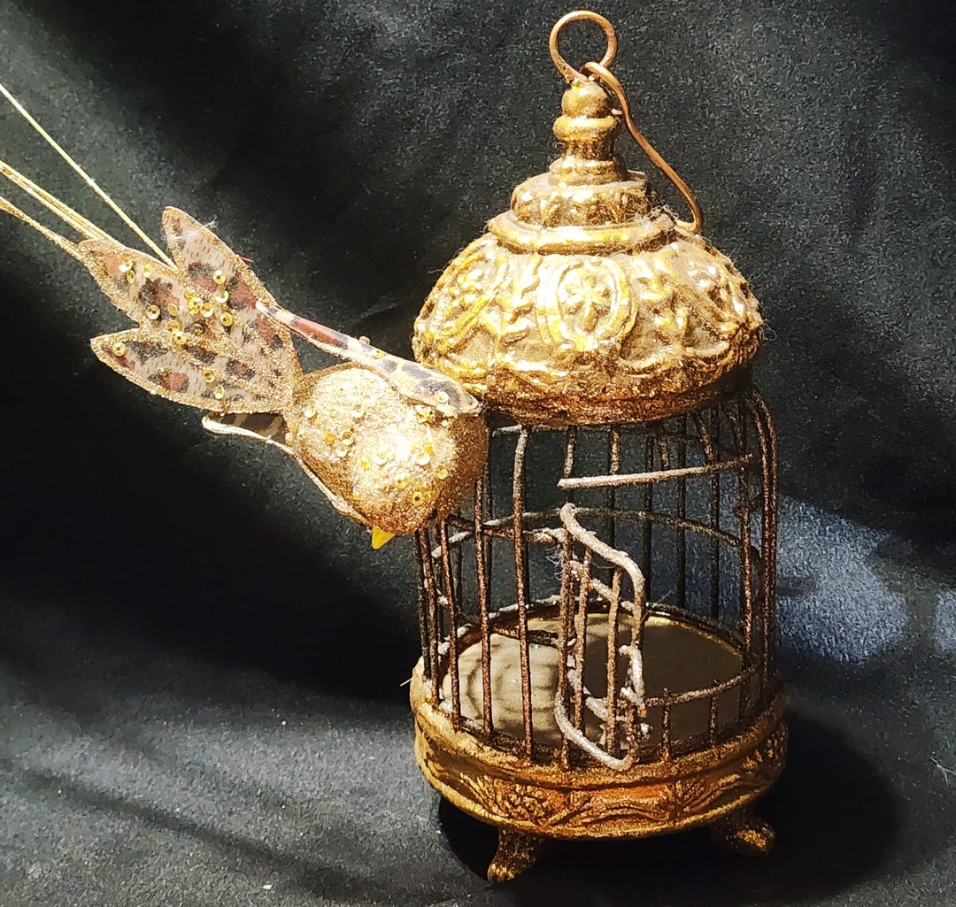 Vintage Gold Bird Cage With Gold and Brown Spotted Bird Adorable for ...