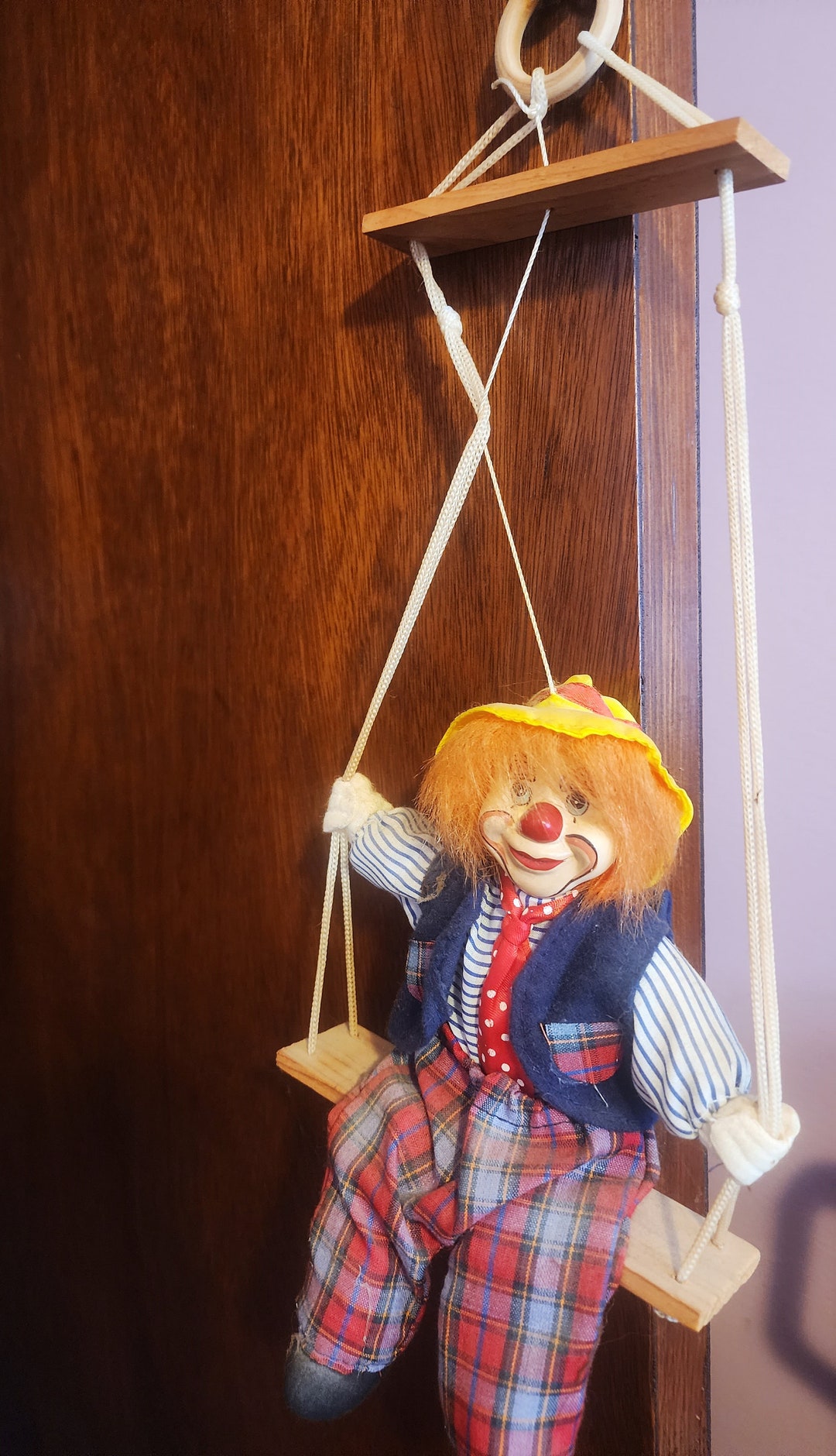 Vintage Yellow Hat Clown on Wood Swing - Etsy