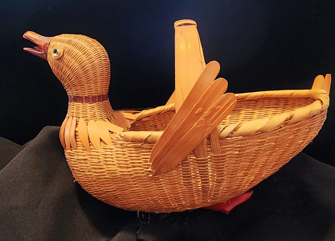 Vintage Wicker Duck Basket With Feathers, Wings, Orange Feet and A Wood ...