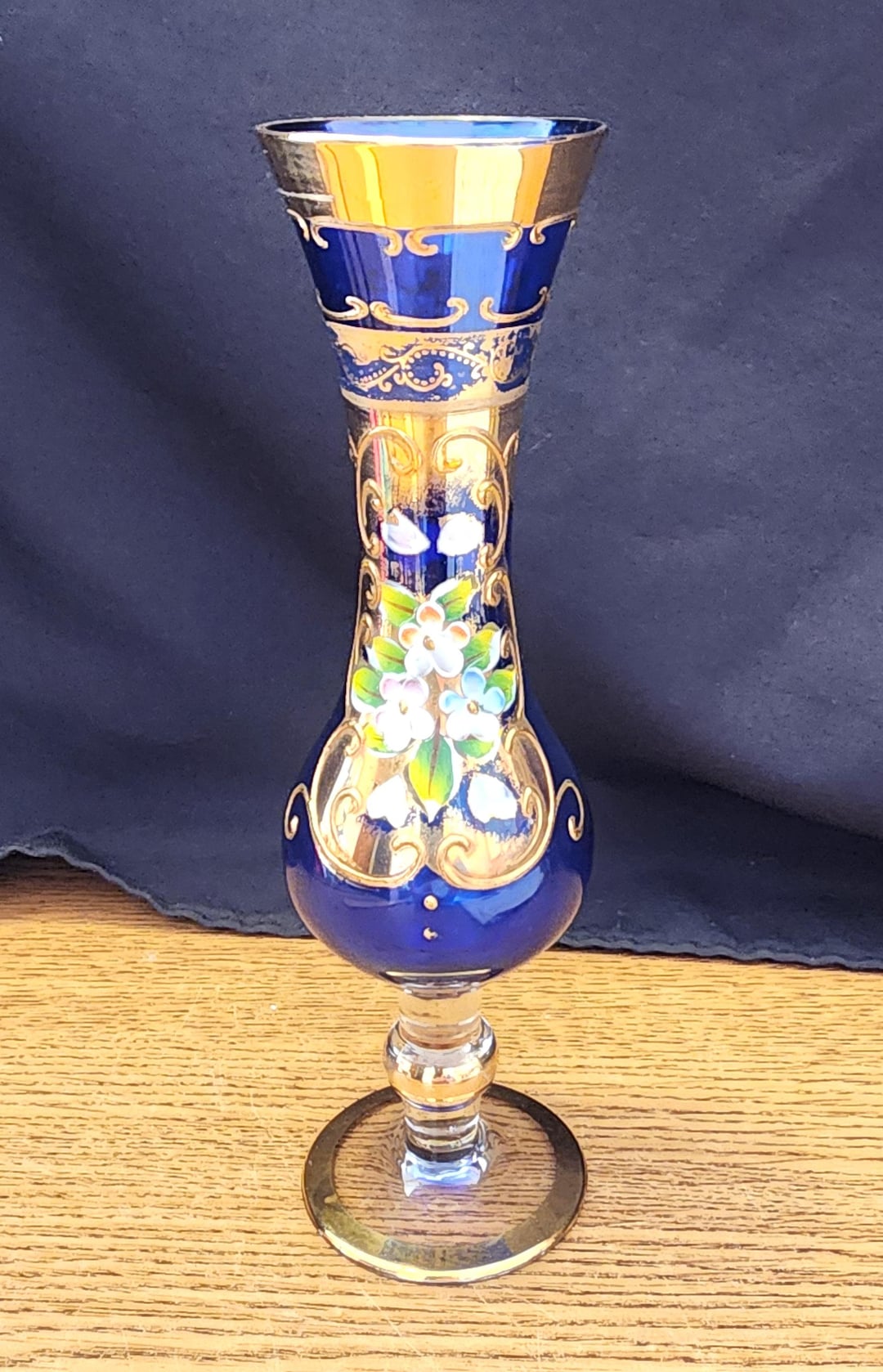 Vintage 8" Bohemian Cobalt Blue Hand Decorated Vase - Exquisite! - Etsy