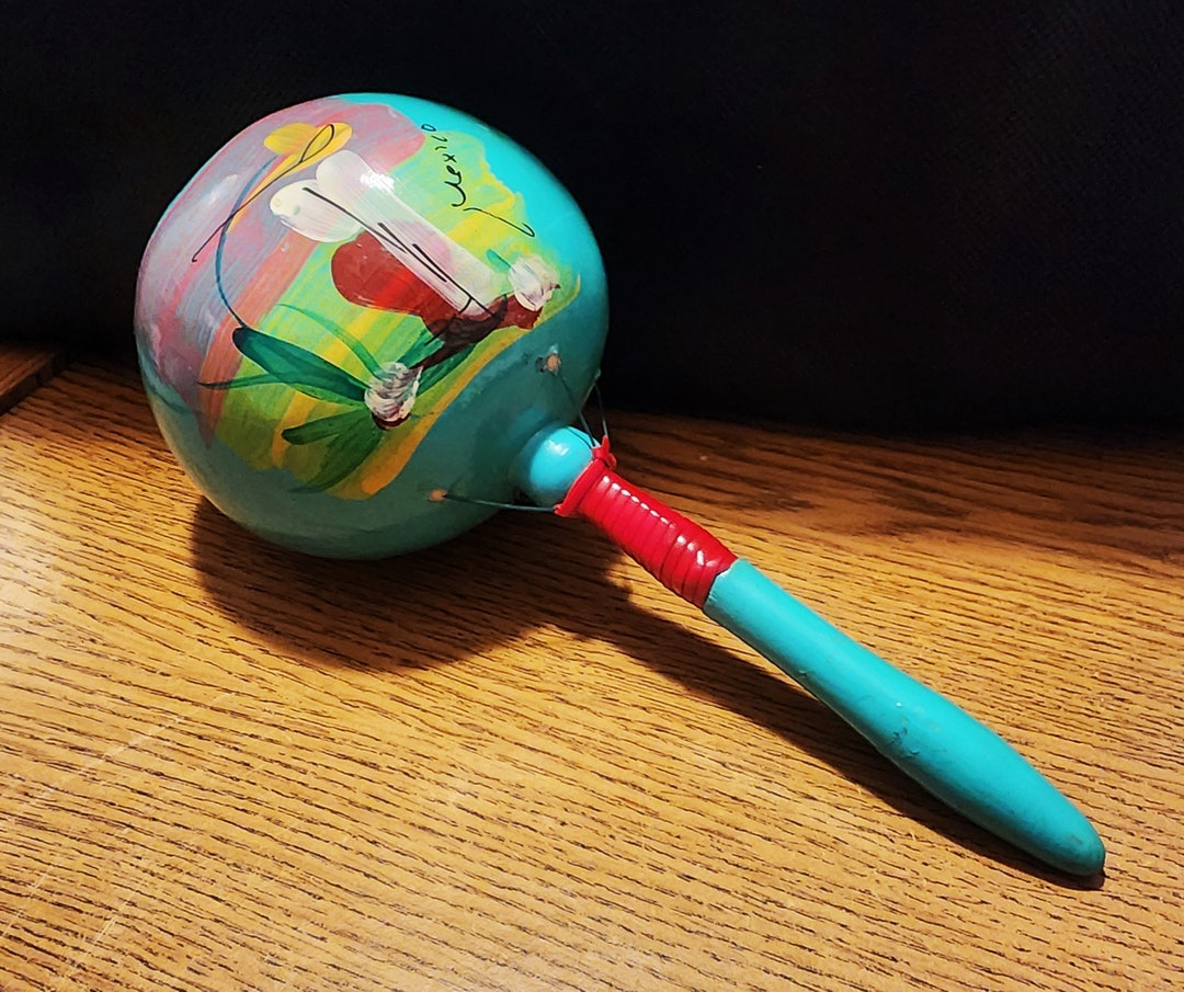 Vintage Hand Painted Blue Wood Maraca From Mexico - Etsy