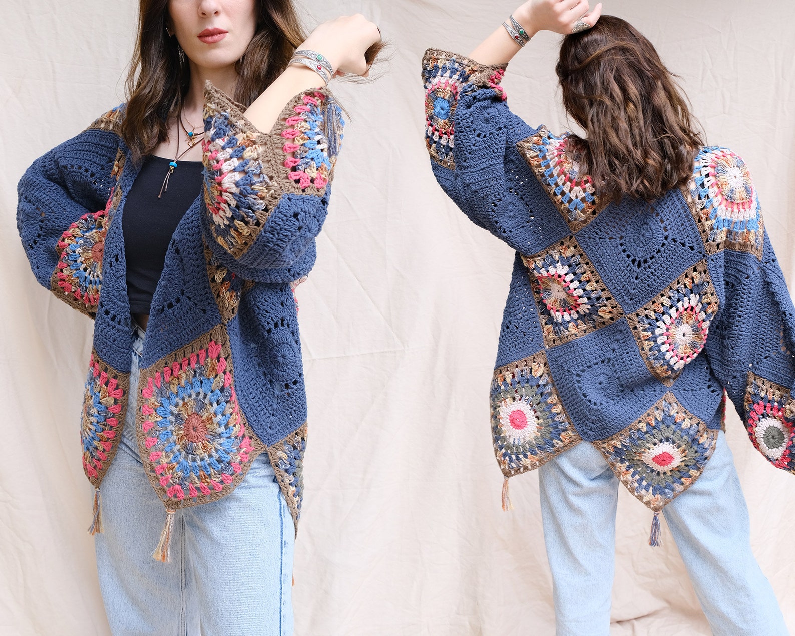 Patchwork Navy Blue Cardigan Bohemian Women's Crochet - Etsy