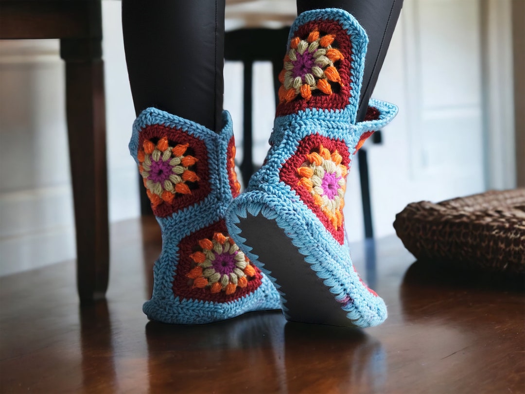 Blue Colored Knitted Women's House Boots, House Slippers, Felt Sole ...