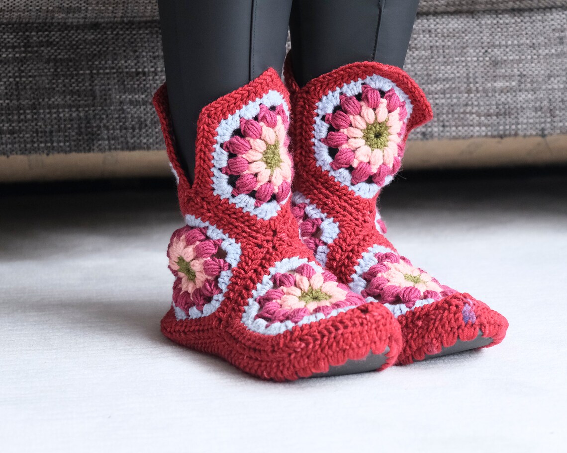 Crocheted Slipper Socks: Red Granny Square Booties With Soles - Etsy