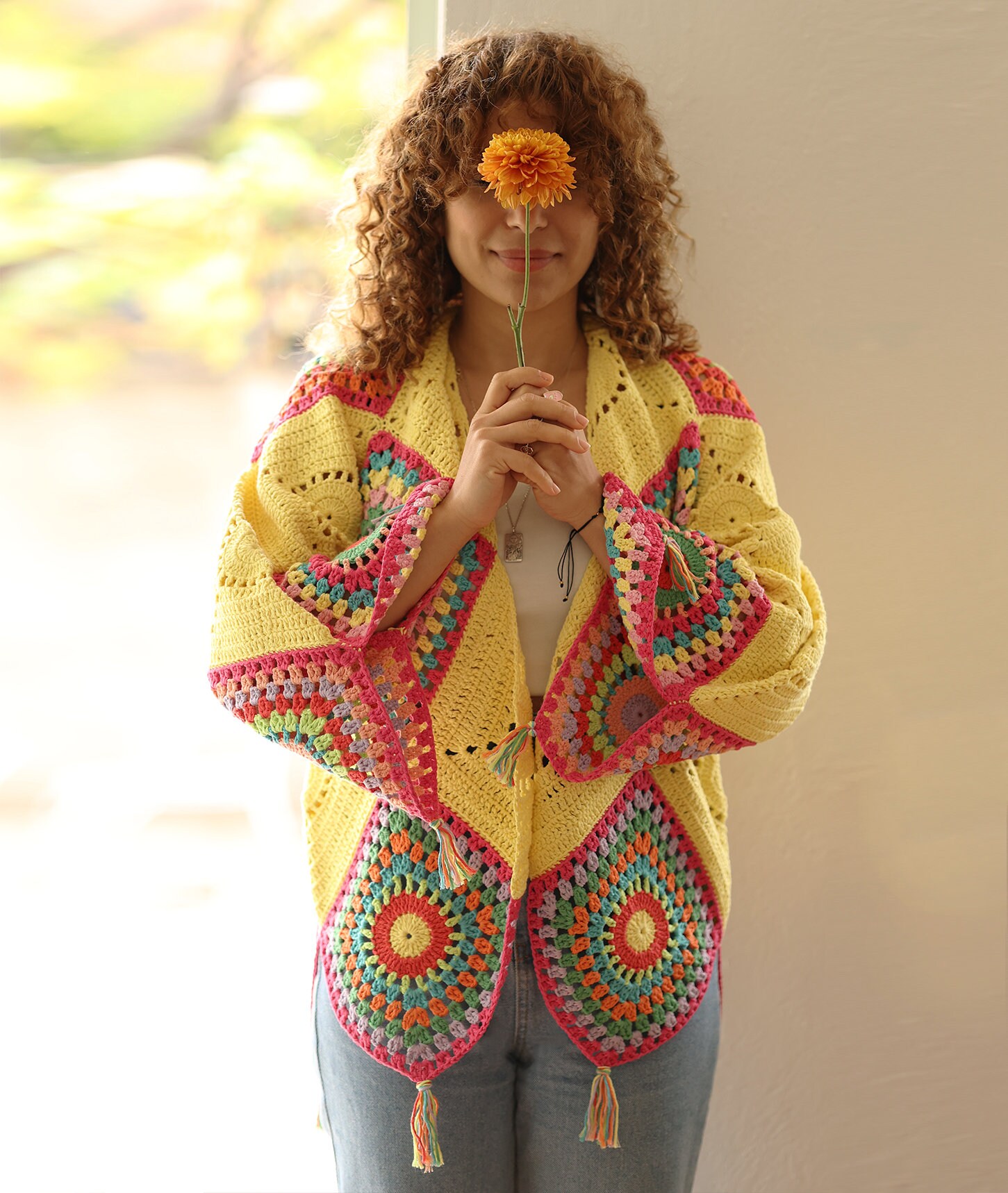 Yellow Crochet Knit Cardigan, Patchwork Cardigan, Knit Granny Square ...