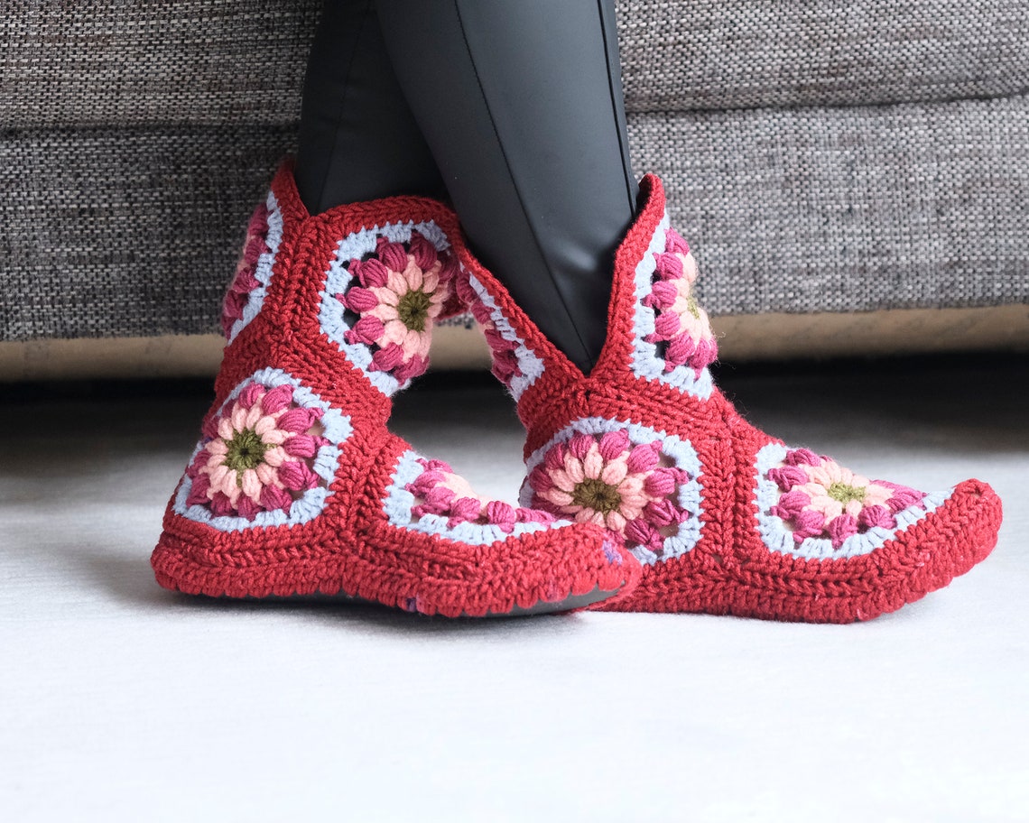 Crocheted Slipper Socks: Red Granny Square Booties With Soles - Etsy