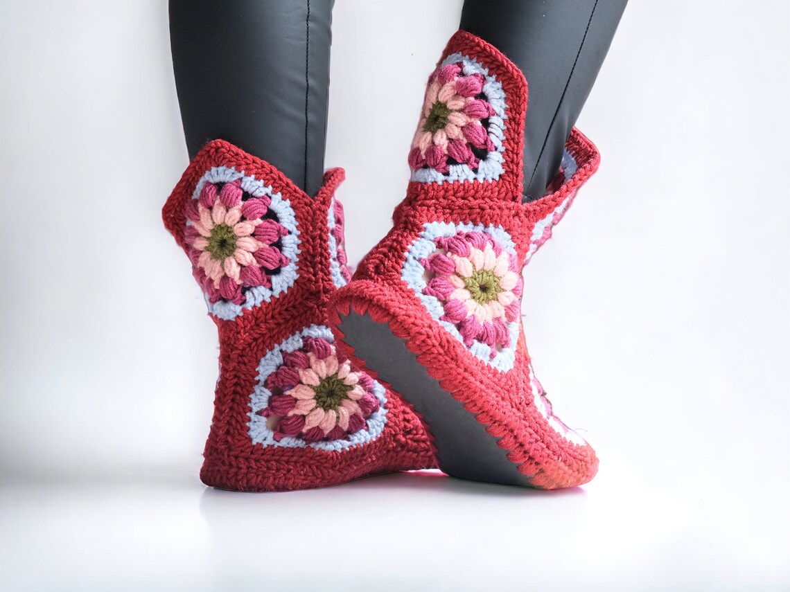 Crocheted Slipper Socks: Red Granny Square Booties With Soles - Etsy