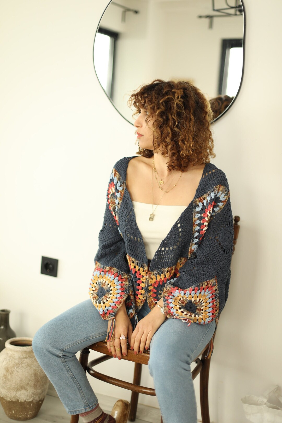Patchwork Navy Blue Crochet Cardigan: Bohemian Tassel Knit Top - Etsy