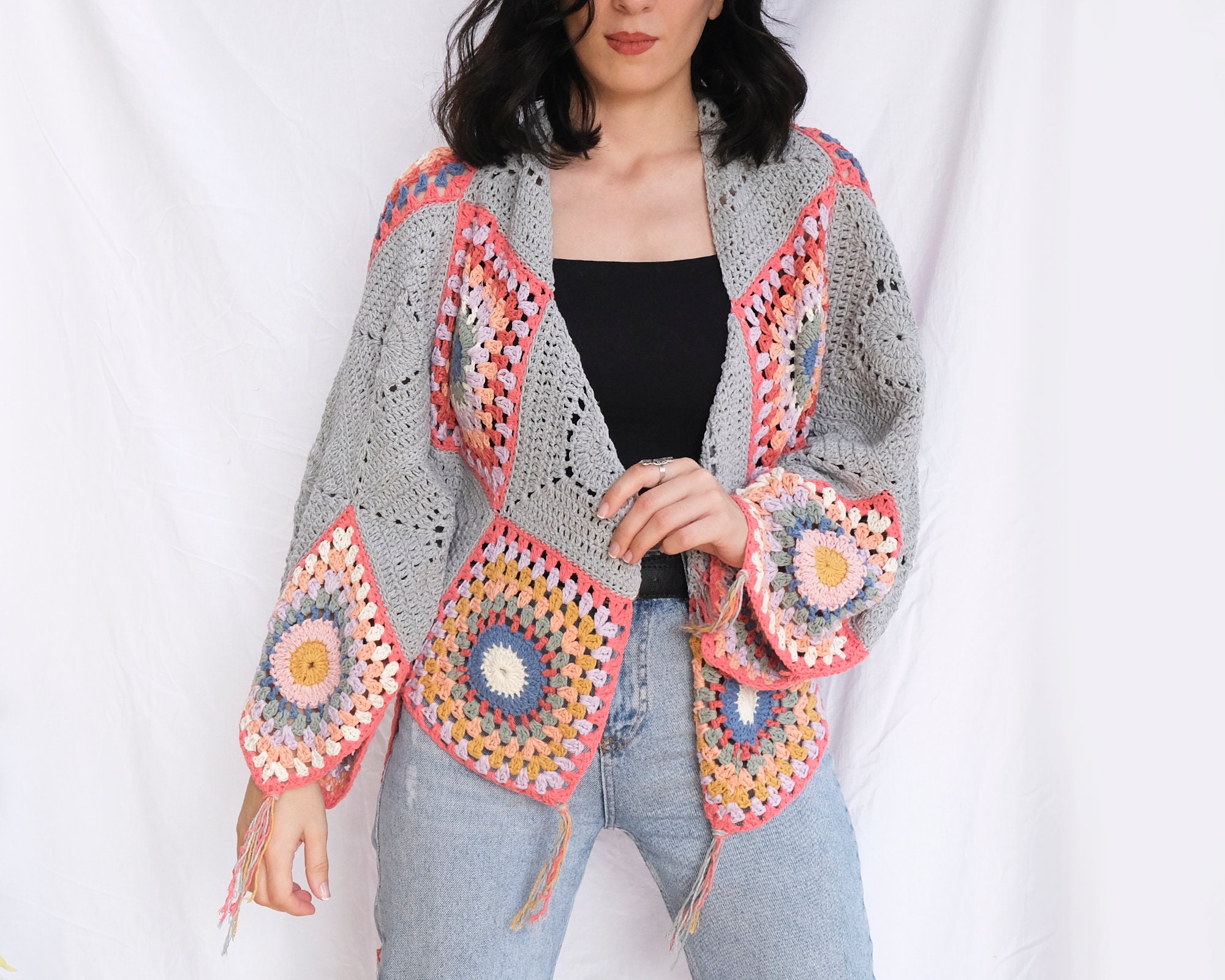 Patchwork Gray Cardigan, Bohemian Handmade Cardigan, Women's Crochet ...