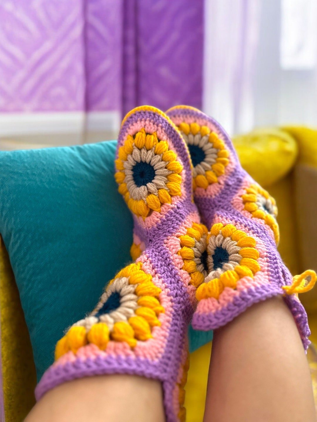 Knitted Slippers With Soles for Women, Lilac House Slippers, Boot ...