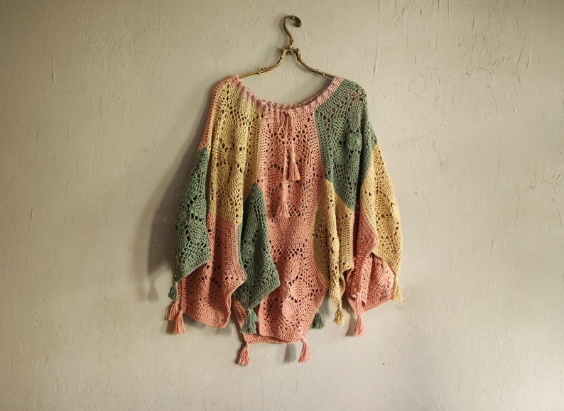 Poncho cuadrado estilo abuela, colores pastel, top de verano con encaje ...