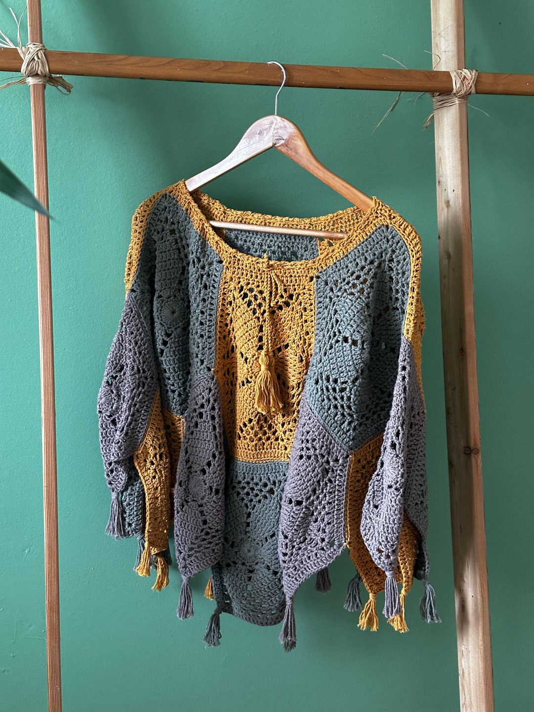 Poncho cuadrado estilo abuela, colores pastel, top de verano con encaje ...