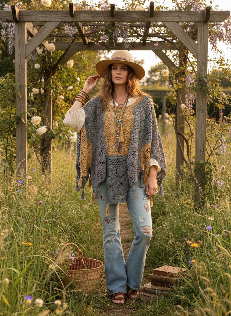 Poncho cuadrado estilo abuela, colores pastel, top de verano con encaje ...