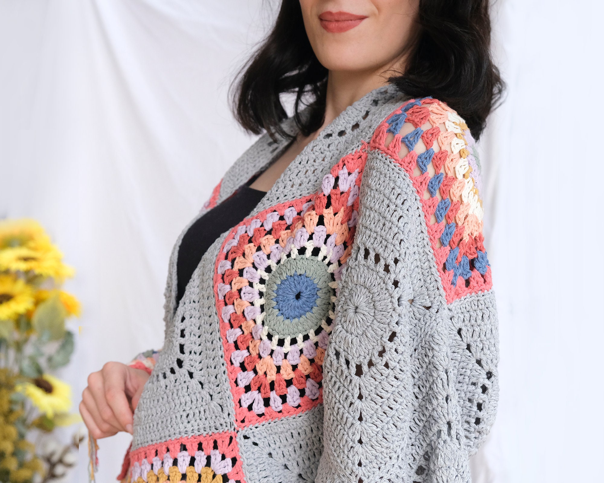 Patchwork Gray Cardigan, Bohemian Handmade Cardigan, Women's Crochet ...
