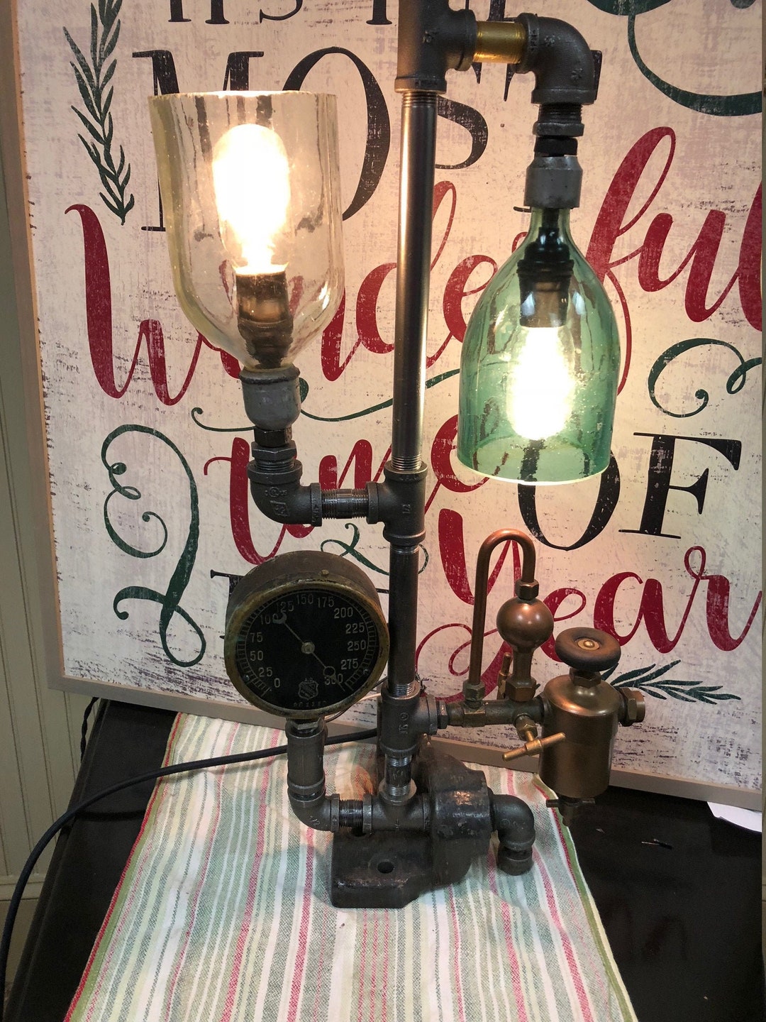 Iron Pipe Table Lamp, W/antique Bottles, Steam Gauge, Oiler and Machine ...