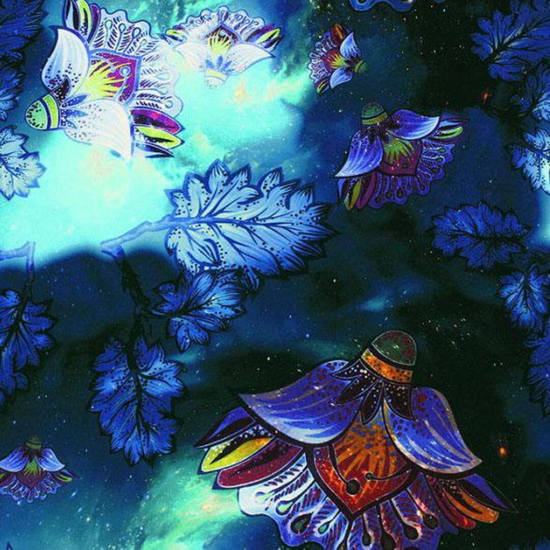 Cosmic Blossoms bedrucktes Spandex | Blauer Mond Stoffe - Etsy Österreich