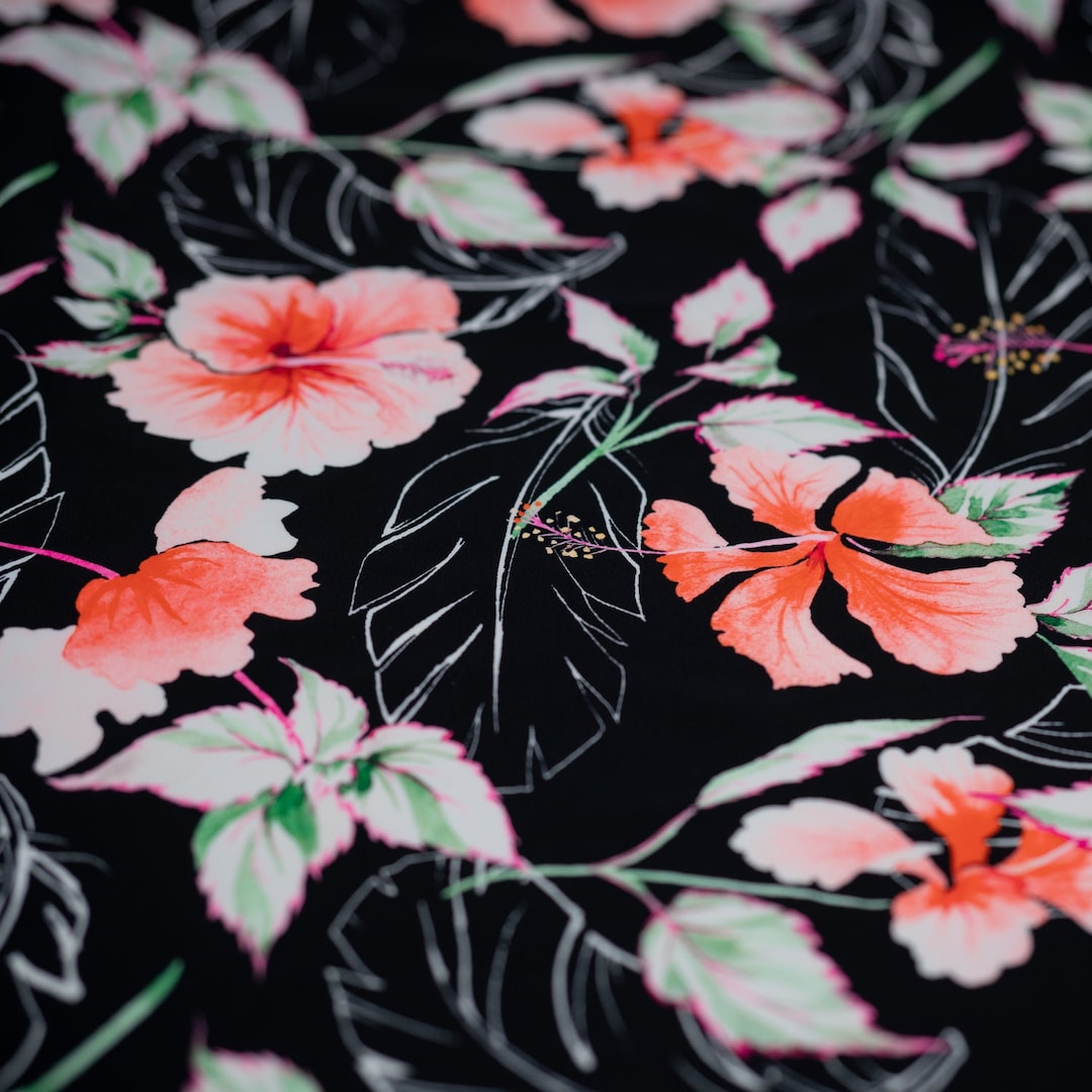 Hibiscus Flowers on Black Printed Spandex Fabric | Blue Moon Fabrics - Etsy