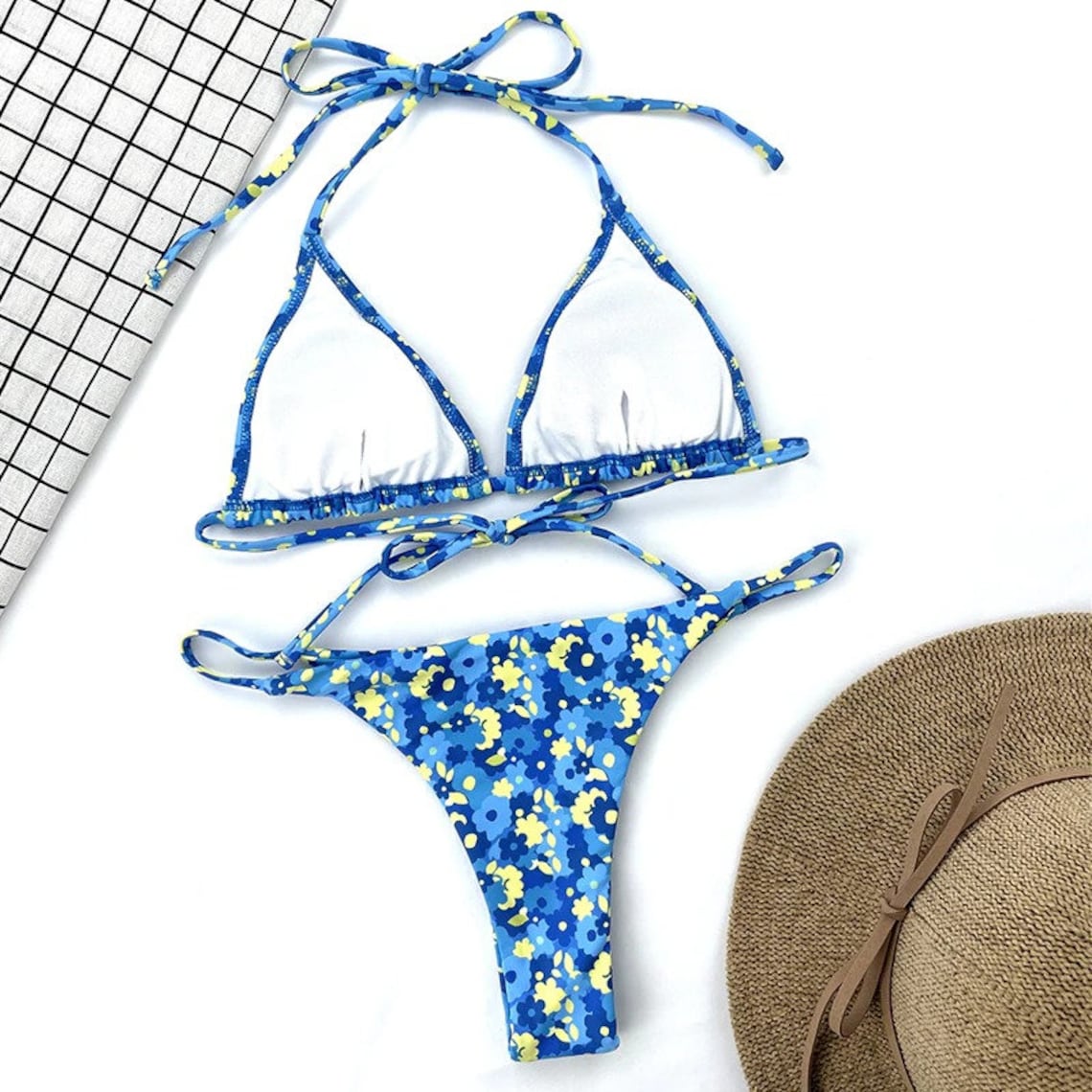 New Blue Floral Printed Halter Bikini Female Swimsuit Women - Etsy