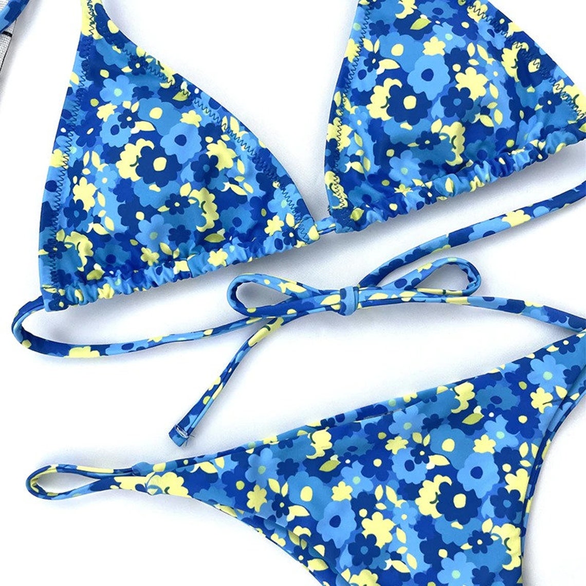 New Blue Floral Printed Halter Bikini Female Swimsuit Women - Etsy
