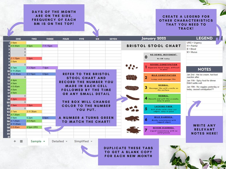 Monthly IBS Tracker Google Sheets | Customizable Bowel Movement Log ...