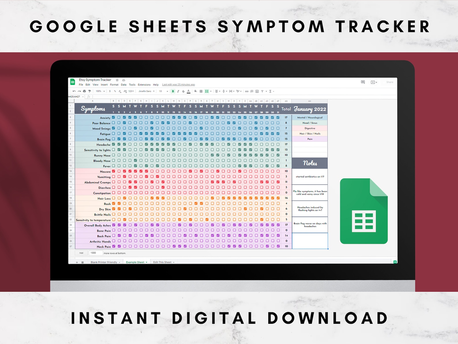 Monthly Symptom Tracker Google Sheets | Autoimmune Diseases | Chronic ...