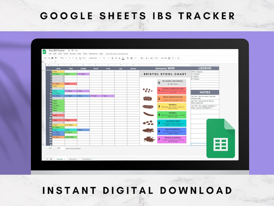 Monthly IBS Tracker Google Sheets | Customizable Bowel Movement Log ...