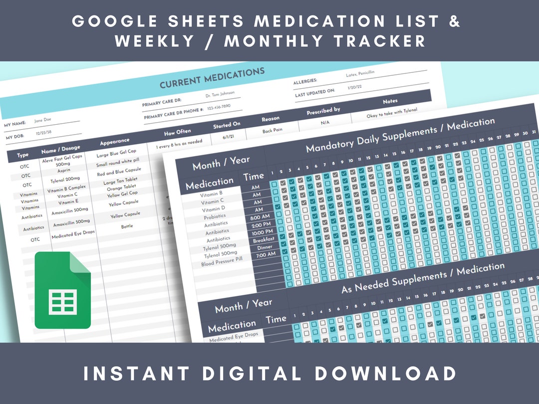 Monthly Medication Tracker & List Google Sheets | Medical Information ...