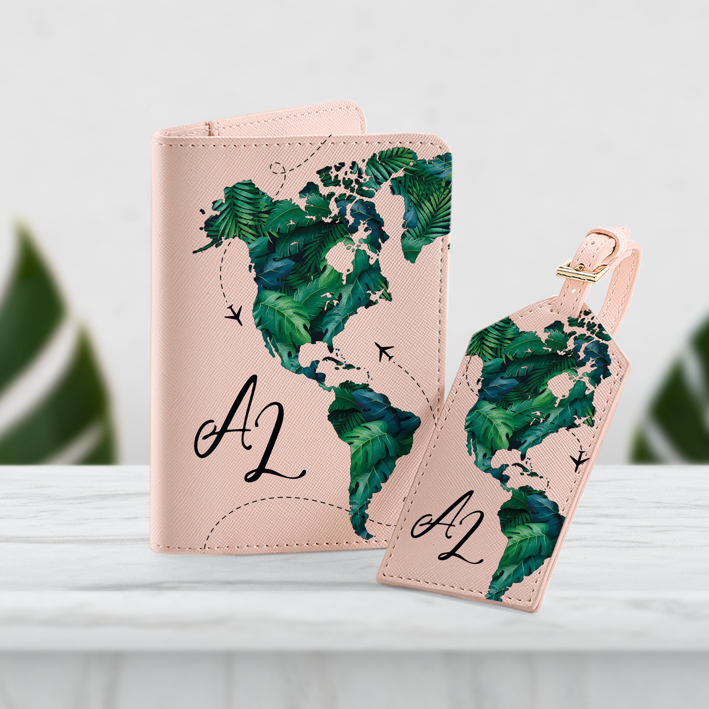 World Map Monogram Passport Holder Travel Set Leaves Luggage - Etsy