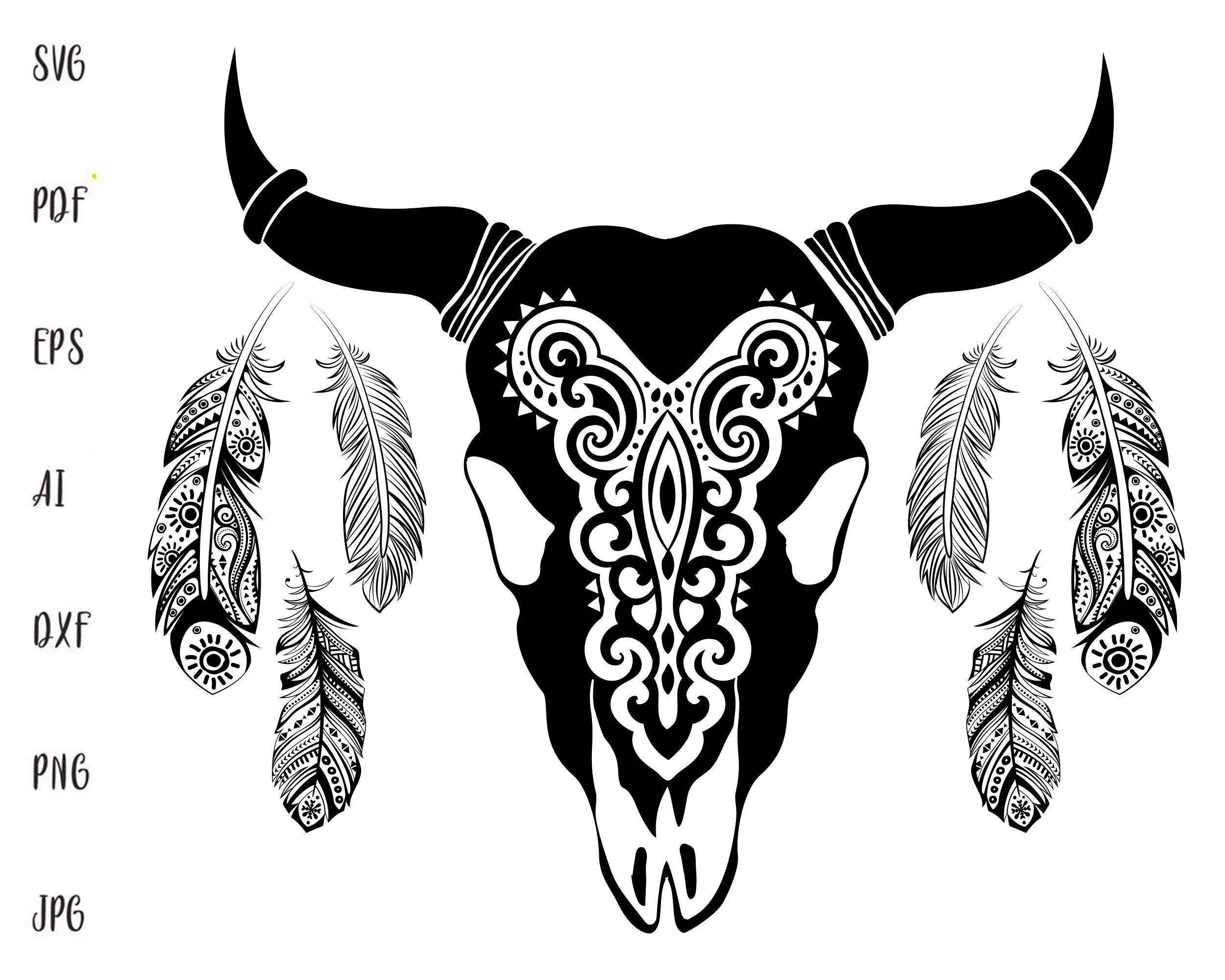 Bull Skull SVG File Feathers Svg Clipart Animal Skull Svg | Etsy