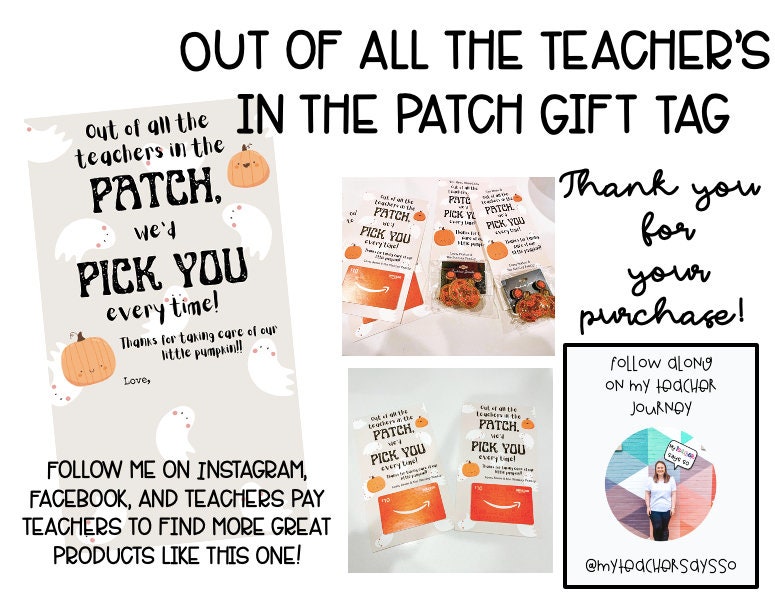 Pumpkin Patch Teacher Halloween, Fall, October Gift Tag- Gift Card ...