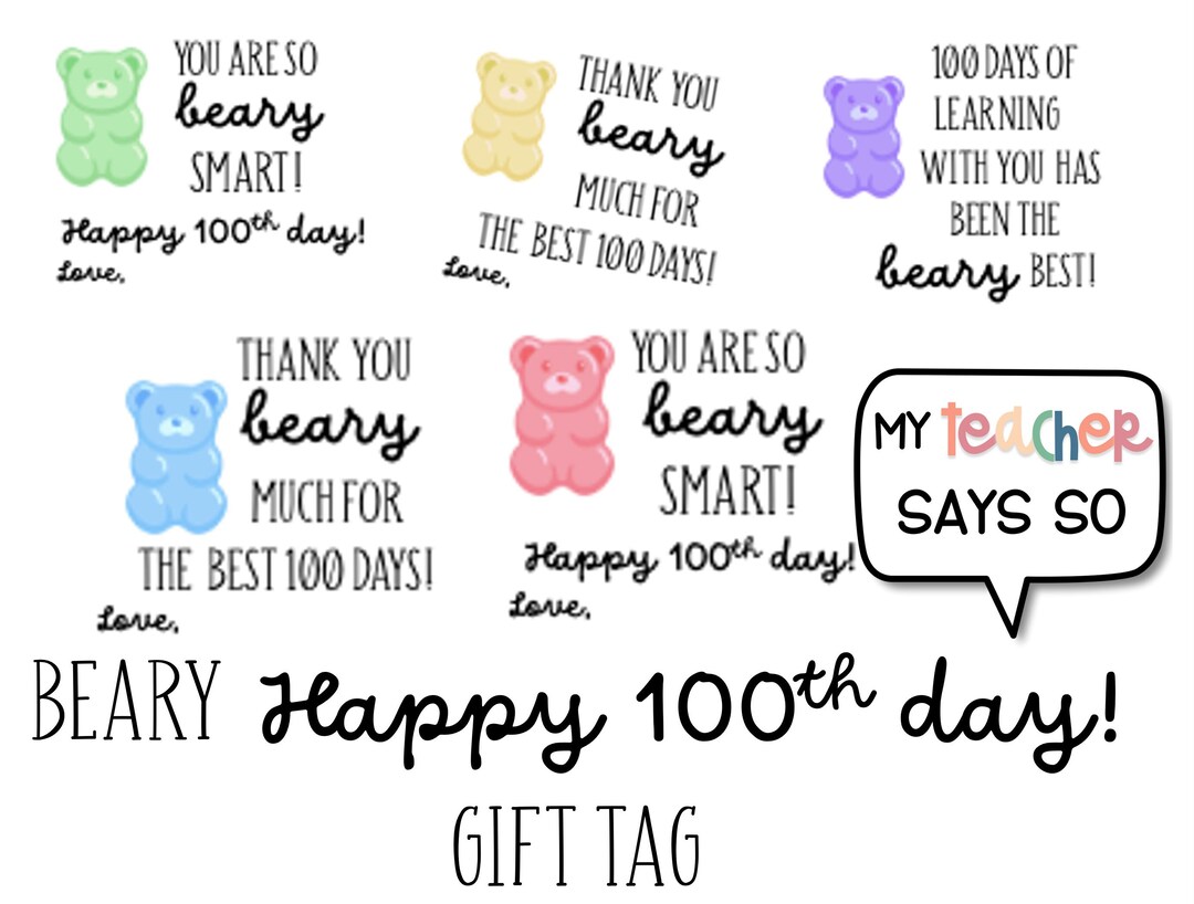 Beary Smart 100th Day Gift Tag- Gummy Bear Gift Tag- Happy 100th Day ...
