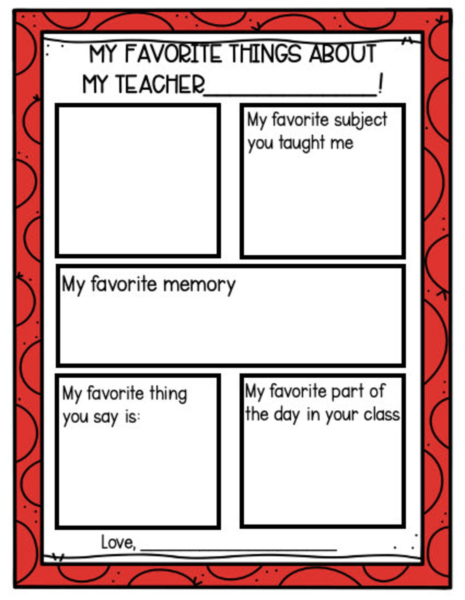 Favorite Things About My TEACHER: Student Fill in Sheet! End of Year ...