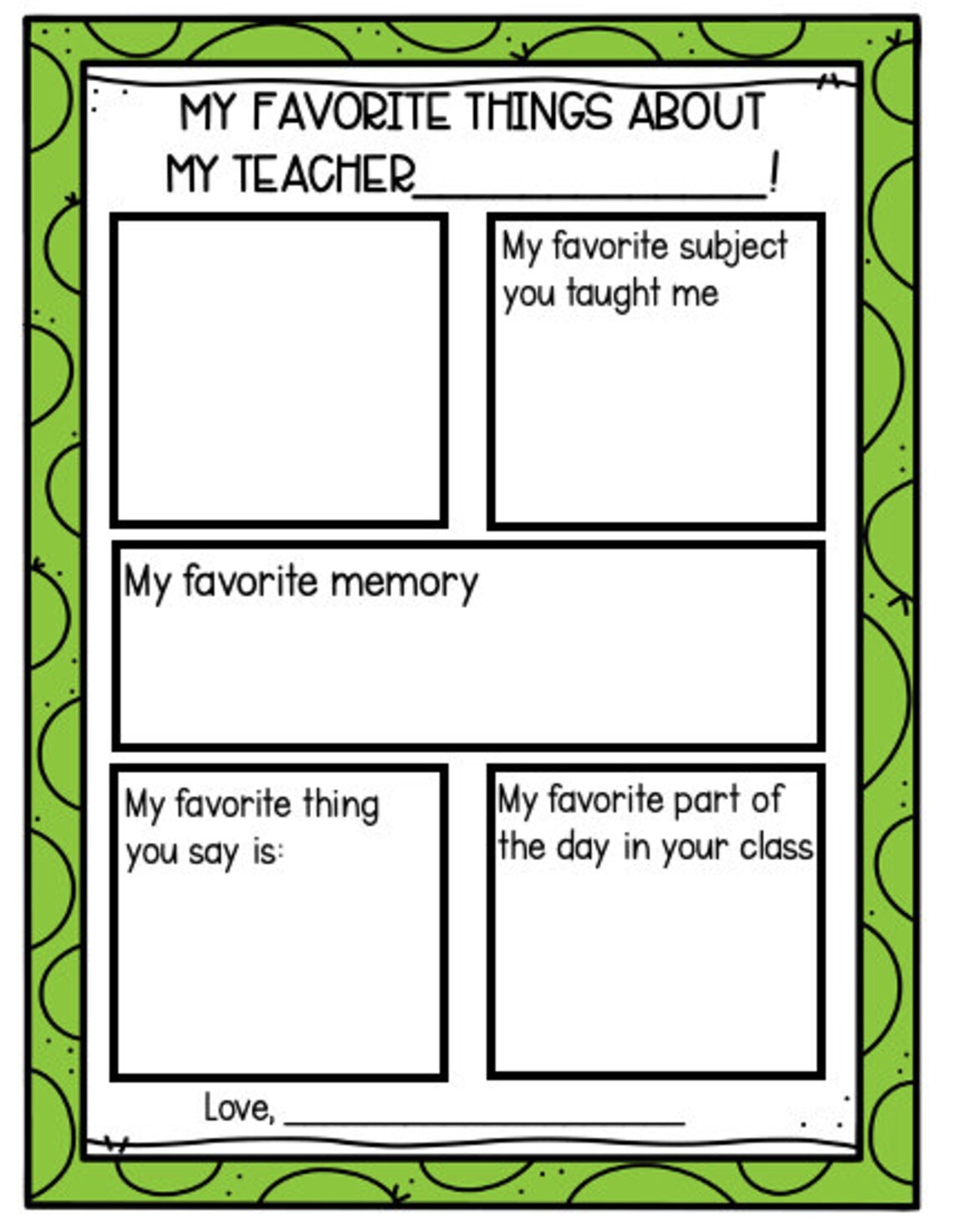 Favorite Things About My TEACHER: Student Fill in Sheet! End of Year ...