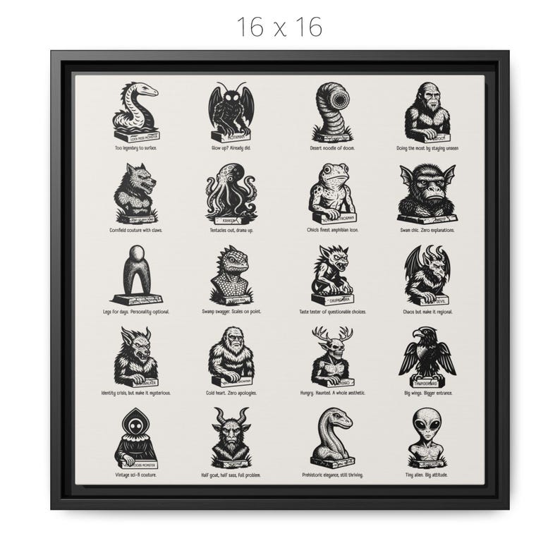 Cryptid Creatures Monster Illustrations Framed Square Canvas | Black ...