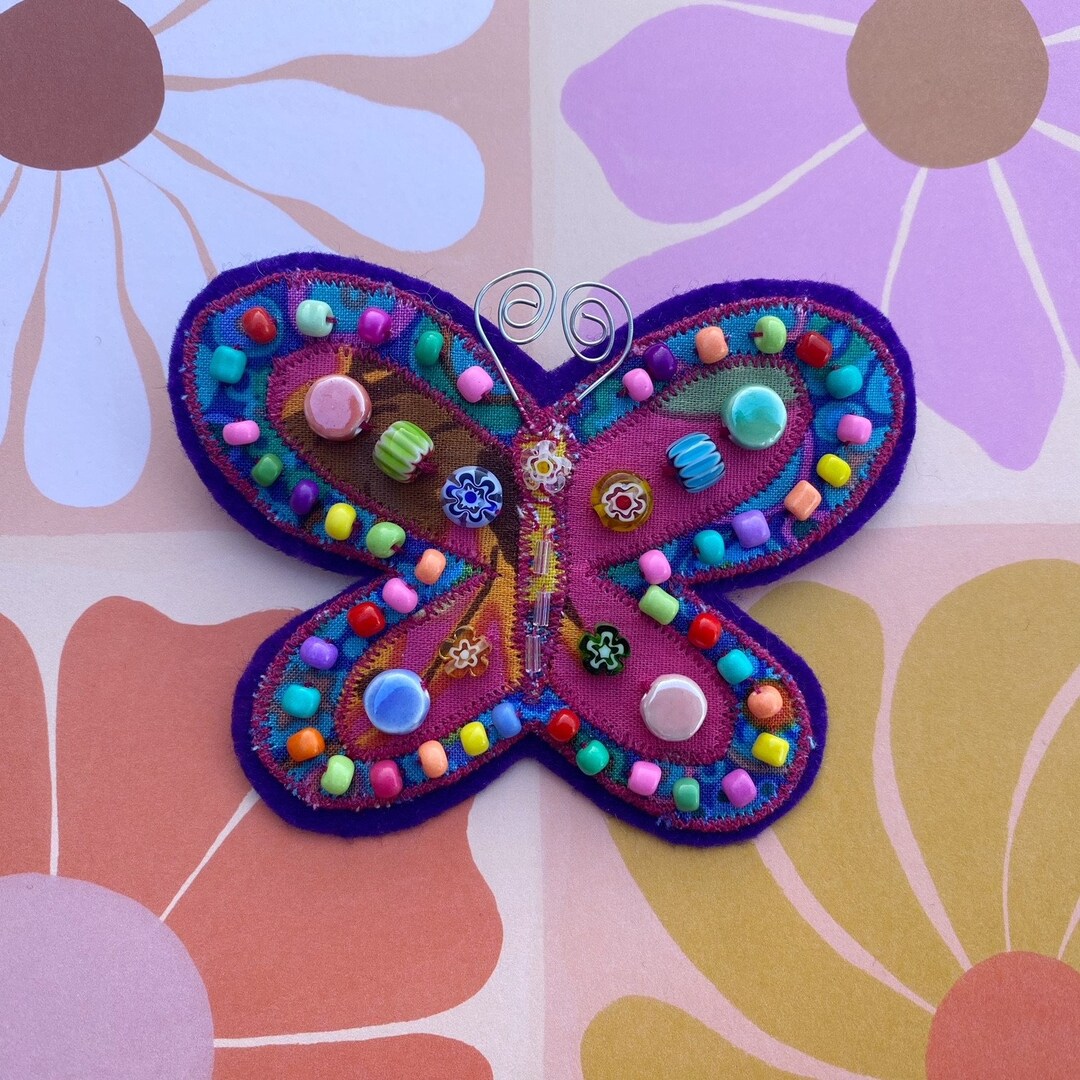 Reworked Textiles Beaded Butterfly Brooch - Etsy