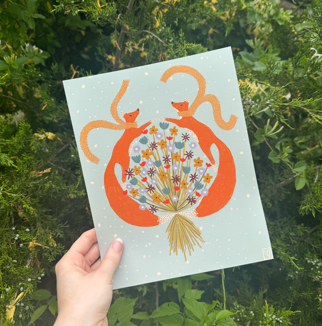 Foxes and Flowers Wall Art | Cottage Core Print, Cozy Illustration - Etsy