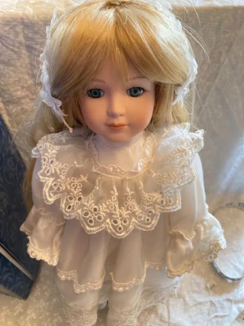 16 Porcelain Doll hope by DOLLS. White Lace Dress, Shoes and White Dove ...