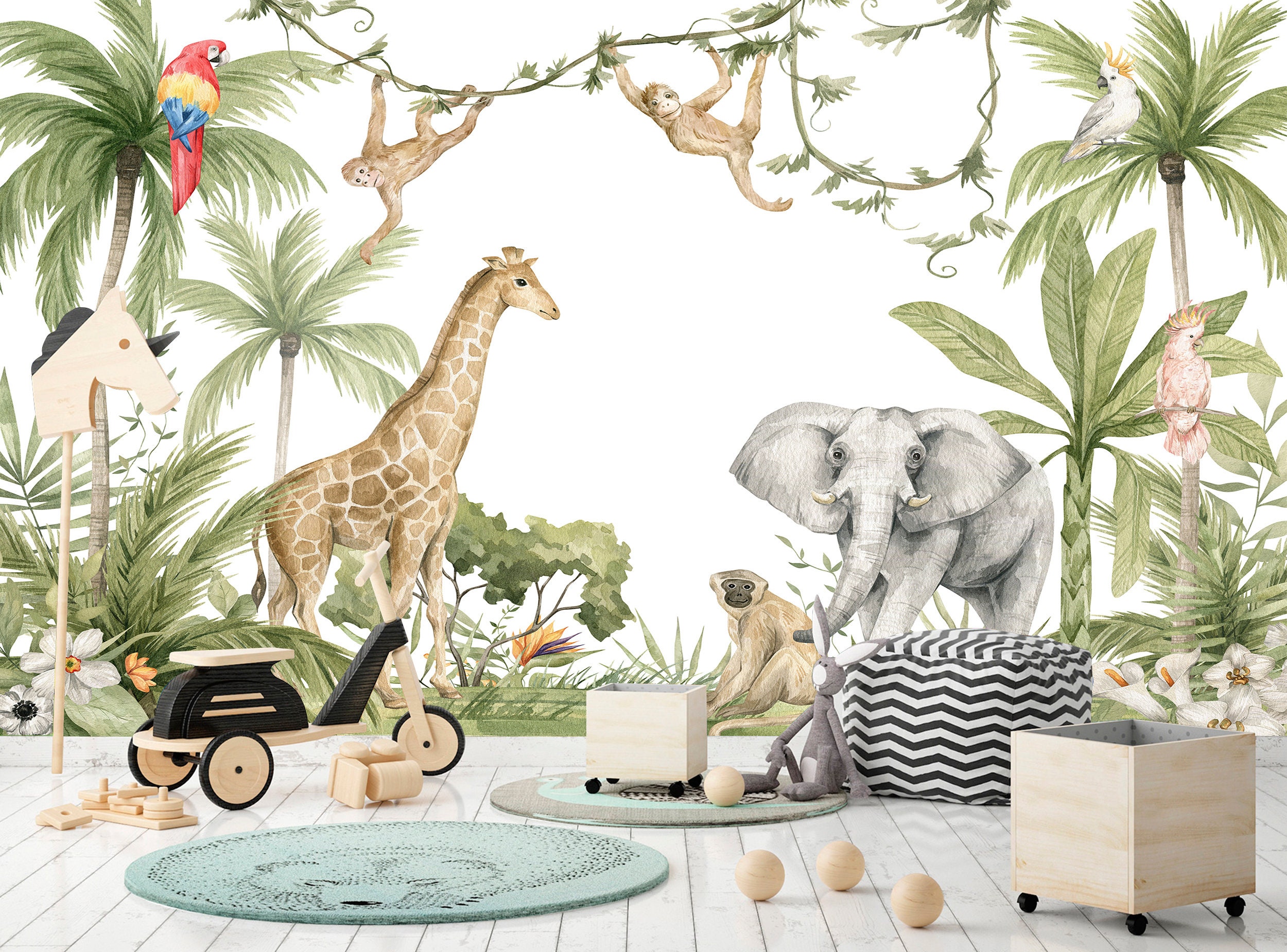 Jungle Theme Wallpaper Animals Peel and Stick Wallpaper | Etsy