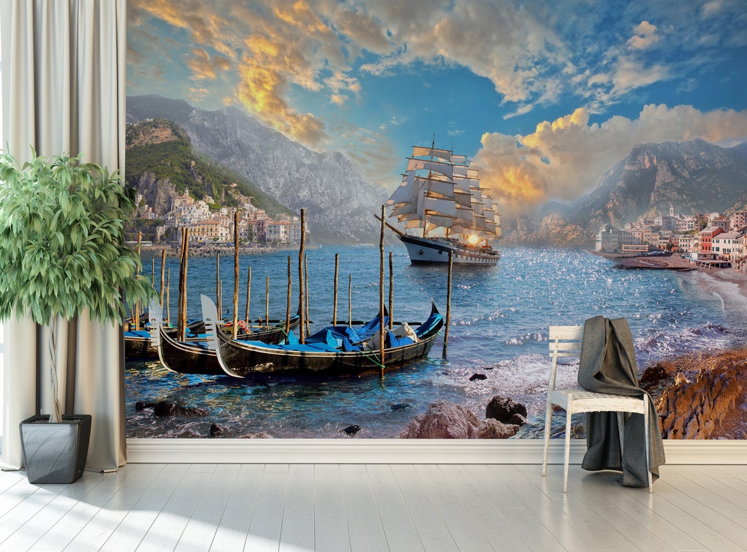 Boat Wallpaper Lake Landscape Wall Mural Peel & Stick Self Adhesive ...