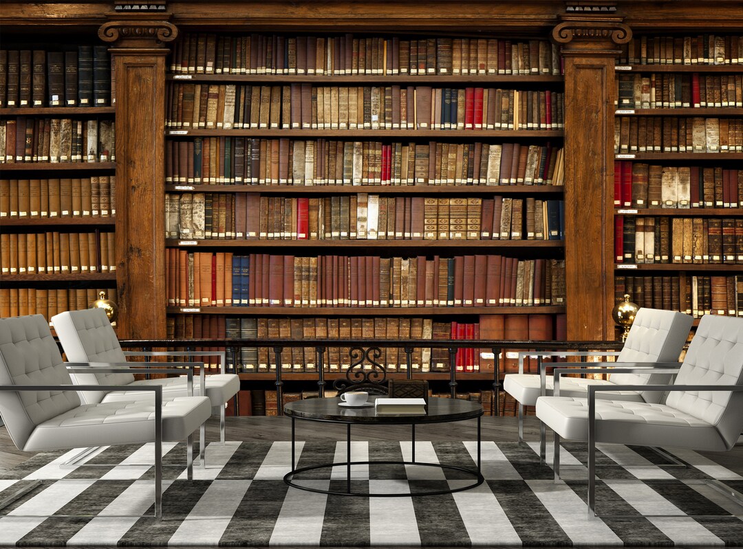 Library Wallpaper Bookshelf Bookcase Library Books Texture Vintage Peel ...