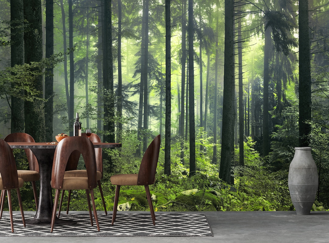 Misty Forest Wallpaper: Peel and Stick Landscape Mural - Etsy