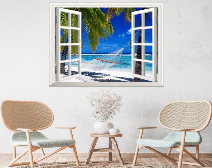 Tropical Beach Wall Sticker 3D Window Effect View Wall Decal Removable ...