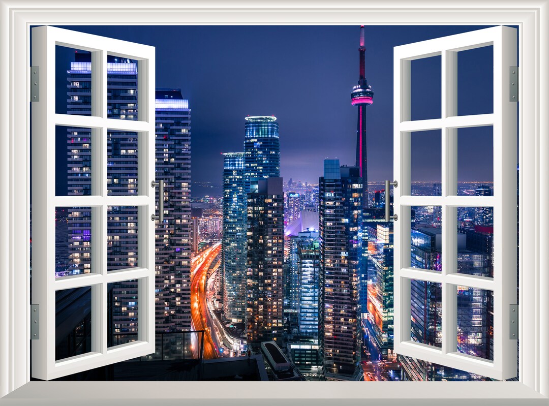 Toronto Night City View Wall Decal: 3D Window Effect Vinyl Art - Etsy