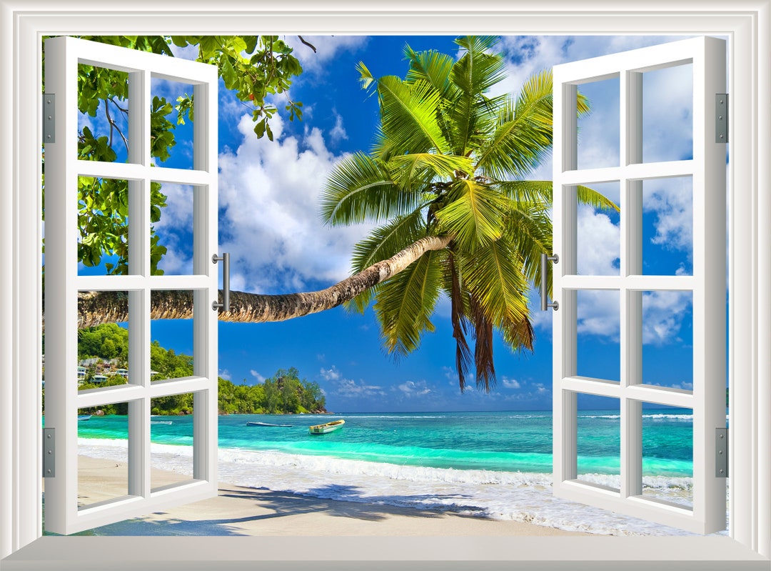 3D Beach Window View Wall Decal: Palm Tree Ocean Mural - Etsy