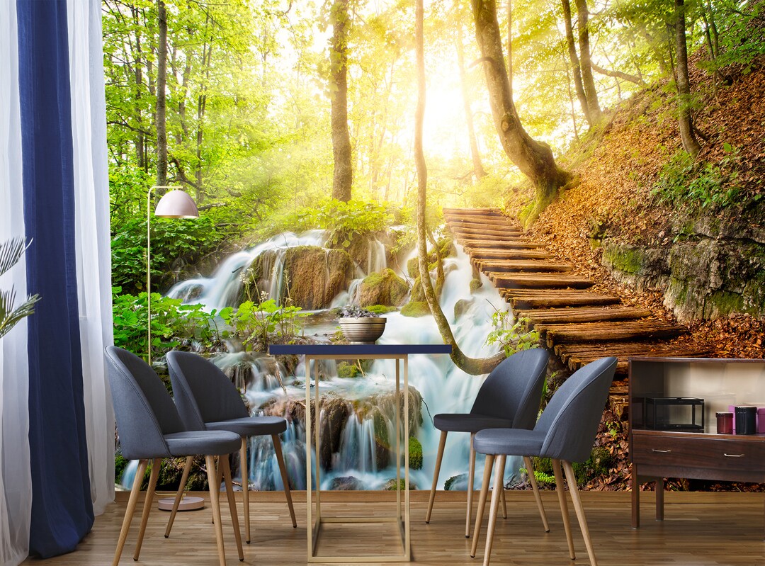 Autumn Forest River WALL MURAL, Forest Wallpaper, Waterfall Wallpaper ...