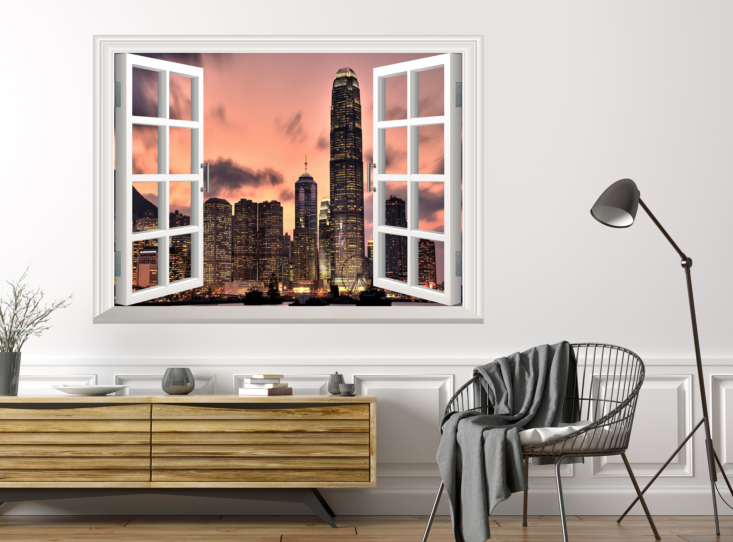 Hong Kong City Wall Sticker 3D Window Effect View Skyline Wall | Etsy