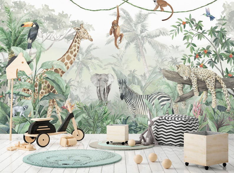 Safari Wallpaper Jungle Theme Wallpaper Animals Peel and Stick - Etsy