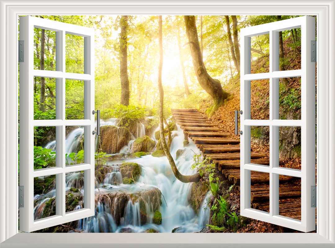 3D Forest Waterfall Window View Wall Decal: Removable Vinyl Mural - Etsy