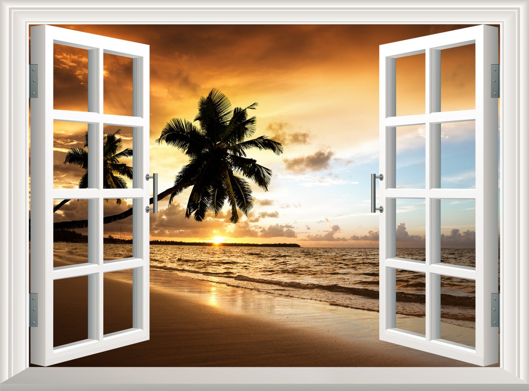 3D Beach Window View Wall Decal: Sunset Palm Tree Vinyl Mural - Etsy