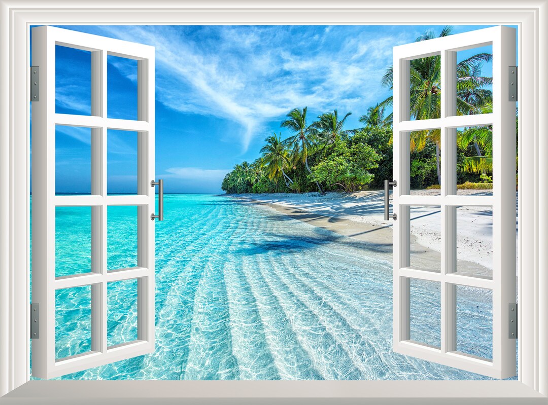 Maldives Beach Wall Sticker 3D Window Effect View Wall Decal Removable ...